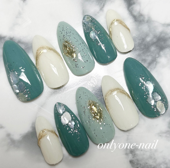 【034】大人可愛い☆ニュアンスネイル☆ミラーフレンチ×シェル×ぷっくり くすみネイル ネイルチップ（つけ爪） 〜D.nail〜 現品SALE ...