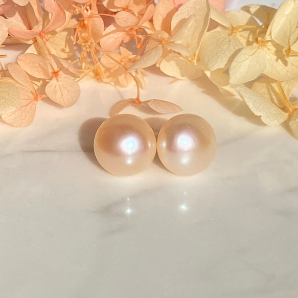 大きめパール AAAAA(4A〜5Aパール) 約10〜11mm 優しいオレンジ大粒シンプル淡水パールピアス/イヤリング ピアス（スタッド・一粒 ...