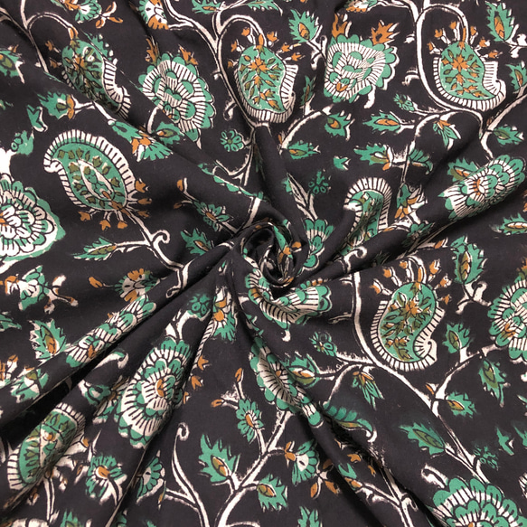 【50cm単位】ブラックグリーンブラックランダムフラワー インド ハンドブロックプリント生地 テキスタイル コットン 生地 MICALA ミ ...