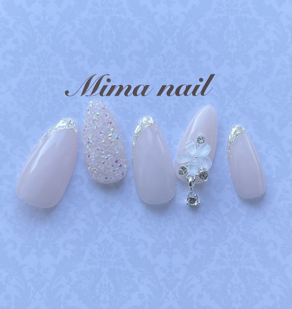 ピクシー×ガラスフレンチネイル ブライダル イベント シアーピンク シルバー フラワー ネイルチップ（つけ爪） mima 通販 ...