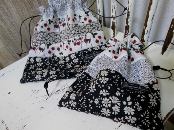 英国リバティ ストロベリーフィールズとポーリンマリーとカペルのモノトーンシックボーダーパッチ巾着ポーチセット 巾着袋 kaopomme 通販 ...