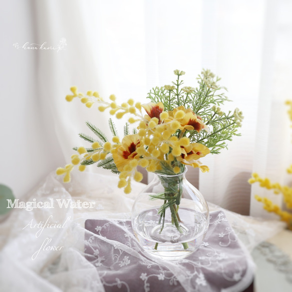 ミモザとパンジー 『マジカルウォーター』アレンジ 春の花 お誕生日 お祝い アートフラワー Creema限定 アートフラワー hana ...