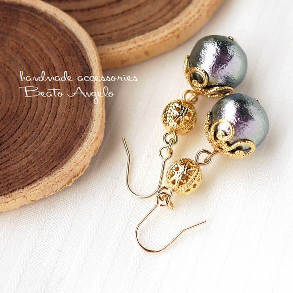 コットンパールと透かし玉のピアス(p-456)リッチグレー G 10mm ピアス（フック・チェーン） Beato Angelo 通販 ...