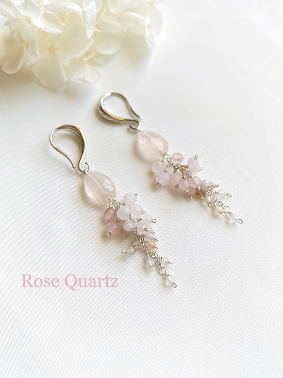 【桃花】ローズクォーツ桃色の房ピアス シルバーフィルド ロングピアス ac/248 ピアス（フック・チェーン） 藤鶴屋 Fujituruya ...