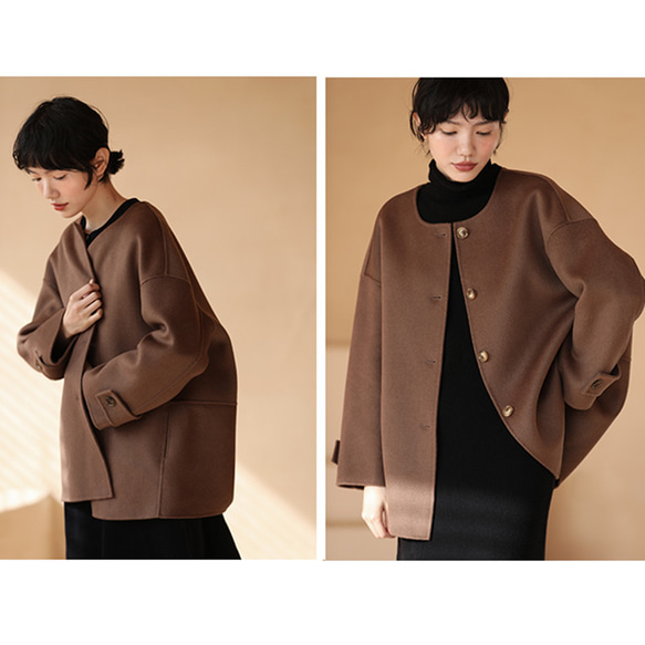 100%ウールコート ツイード生地コート ウールコート こげ茶色 S-M #0137 コート Eletuly 通販 15230896 ...