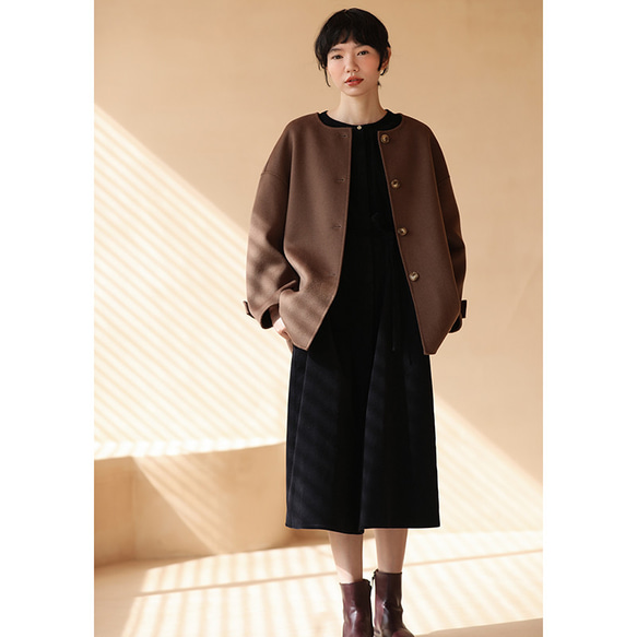 100%ウールコート ツイード生地コート ウールコート こげ茶色 S-M #0137 コート Eletuly 通販 15230896 ...