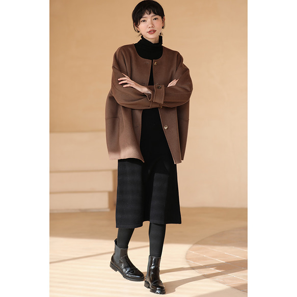 100%ウールコート ツイード生地コート ウールコート こげ茶色 S-M #0137 コート Eletuly 通販 15230896 ...