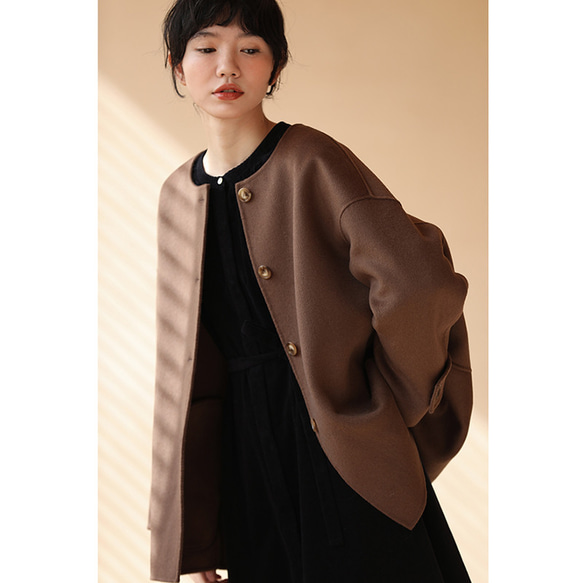 100%ウールコート ツイード生地コート ウールコート こげ茶色 S-M #0137 コート Eletuly 通販 15230896 ...