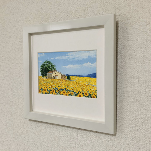 ひまわり畑」透明水彩画 原画 風景画 額縁付 ハガキサイズ 絵画 ひまわり畑」透明水彩画 原画 風景画 額縁付 ハガキサイズ 絵画