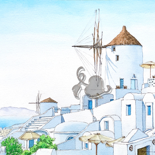ギリシャ サントリーニ島 風車の透明水彩 原画です。 絵画 浜野 ギリシャ サントリーニ島 風車の透明水彩 原画です。 絵画 浜野