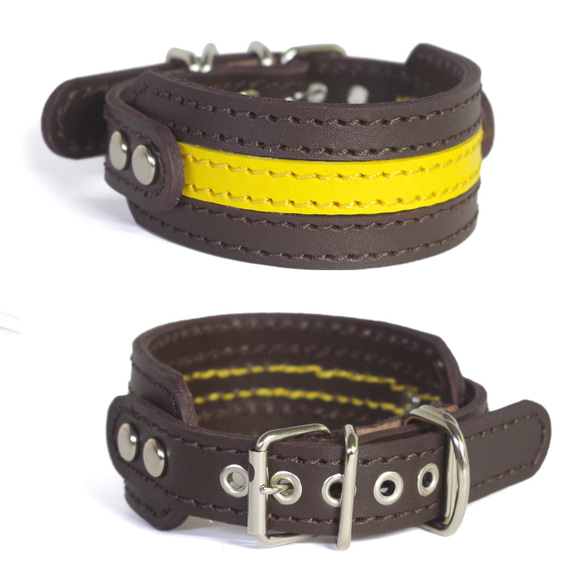 イタグレミニピン用革首輪（茶＋黄色）SmallTypeGF2 リード・首輪 extraheavy 通販｜Creema(クリーマ) 15273253