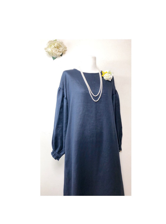 新作 ️程よいボリューム袖とお包みボタン ️上品なAラインリネンワンピース濃紺 ️フォーマル/卒業/入学 ️サイズ変更可 ワンピース ...