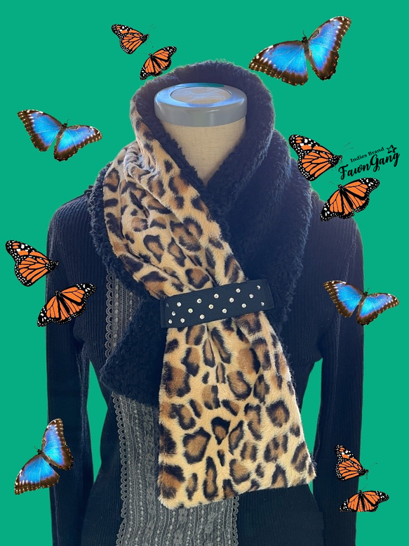 販売1点のみ！ヒョウ柄×黒のバイカラー シープボアマフラー【日本製生地使用】 マフラー FAWN GANG 通販 15324525 ...