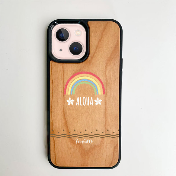 レインボーのデザインiphoneケース 衝撃吸収タイプハワイアンデザイン おしゃれなウッドパネル 虹のイラスト プルメリ iPhoneケース ...