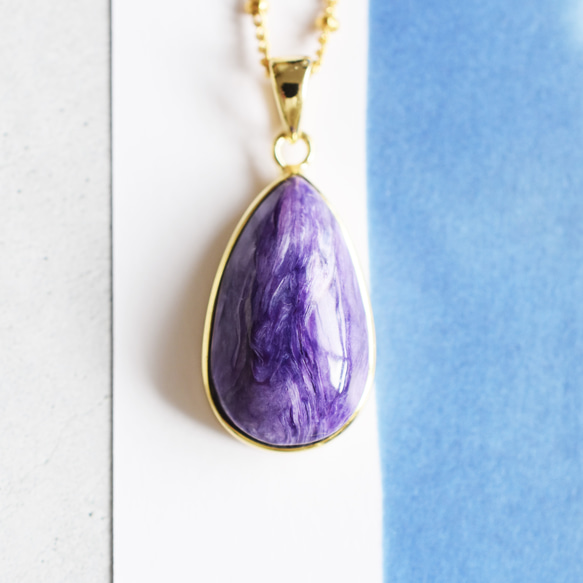 春の新作【1点もの・C】大粒 チャロアイト カボションフレーム サージカルステンレスドットチェーン60cm ネックレス・ペンダント ...