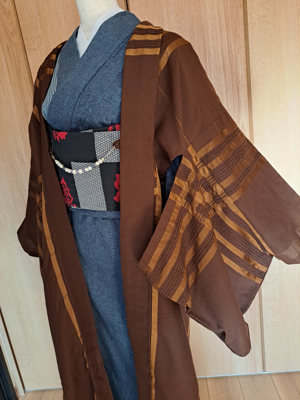 長羽織#絹100%#焦げ茶 金茶#変わり格子織り#訳あり#一点もの 着物 snowlady 通販 15328165｜Creema(クリーマ)