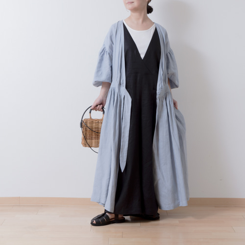 大人のカシュクールサロペットワイドパンツ-リネン/ブラック 大人のカシュクールサロペットワイドパンツ-リネン/ブラック