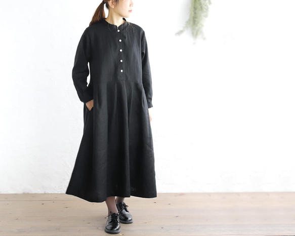 リネン スタンドカラー切替えタックワンピース（ブラック） OP11 ワンピース alin 通販 15382990｜Creema(クリーマ)