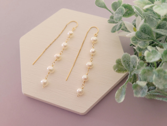 【再販】*14kgf*5連淡水パールのロングピアス ピアス（フック・チェーン） lovely-jewelry 通販 15414428｜Creema(クリーマ)
