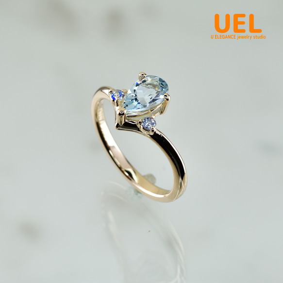 アクアマリン ペアシェイプ 脇石 ブルーサファイヤ K10YG V字リング 指輪・リング UEL 通販 15436361｜Creema(クリーマ)