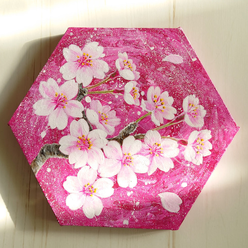 桜」六角形キャンバスSML三枚セット(ピンク) 絵画 atelier-kaza 桜」六角形キャンバスSML三枚セット(ピンク) 絵画 atelier-kaza