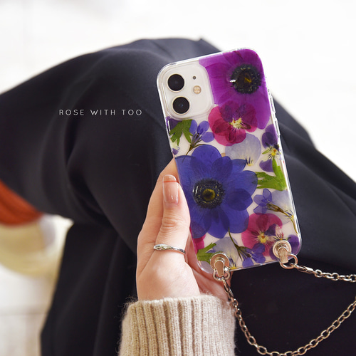 紫と青 アネモネの 押し花スマホケース 【 iPhone・android 全 紫と青 アネモネの 押し花スマホケース 【 iPhone・android 全