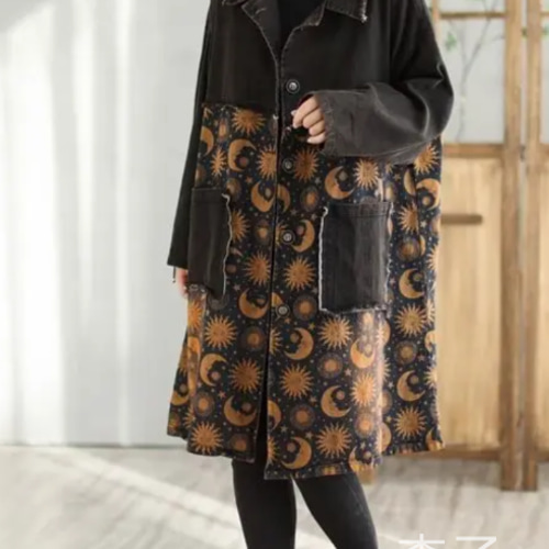 デニムコート森ガール花柄レディースロングジャケット 長袖 ゆったり