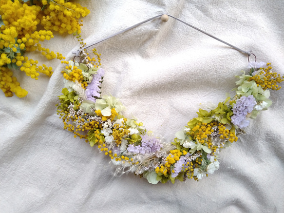 リースと縦型スワッグの2WAY♫ミモザとふんわり春色小花のナチュラルリース ドライフラワー tous les jours 通販｜Creema ...