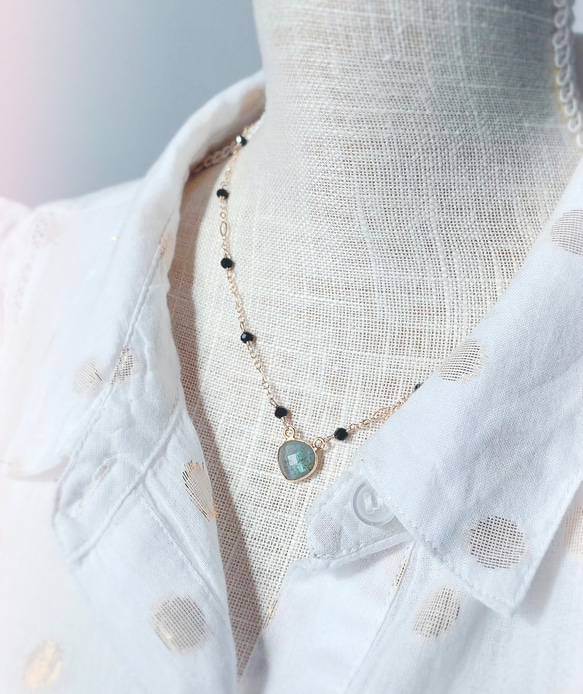 14kgf 天然石拉布拉多石和黑色碧璽項鍊 項鍊 Gilda et Mia 的作品｜Creema