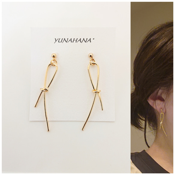 人気 cross ribbon gold stick ピアス イヤリング 16Kgp 揺れリボン 春フォーマル ピアス（フック・チェーン ...