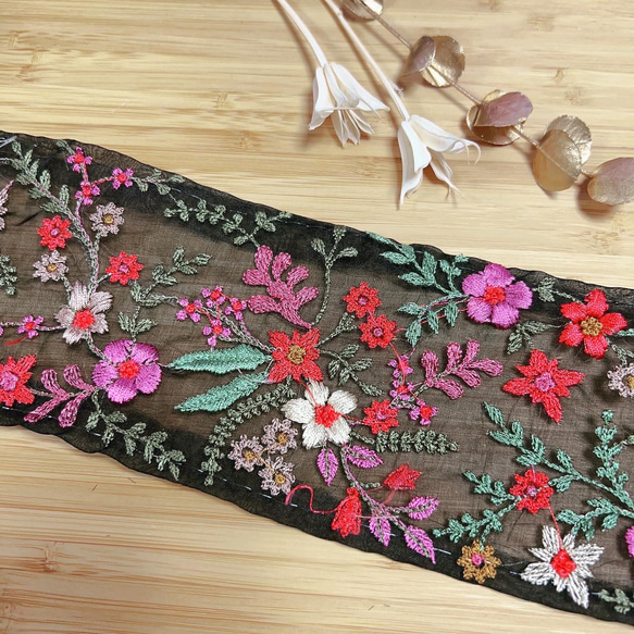 インド刺繍リボン・30cm・切売り【ブラック】幅広フラワーデザイン リボン・テープ amber flower 通販 15709128 ...