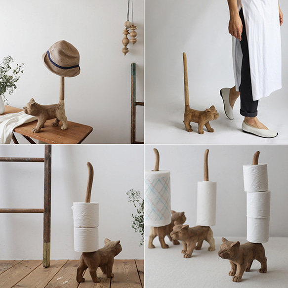 送料無料）クリスマスSALE 天然無垢ウッド 尻尾の長い猫 ホルダー スタンド トイレッペーパー甘えるネコW78B その他インテリア雑貨 ...