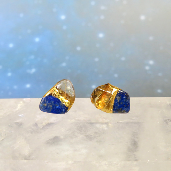 星空のひかり＊Lapis lazuli×Rutile quartz×Citrine＊金継ぎピアス／S〜M size ピアス（スタッド・一粒） ConNectarth 通販 15752965 ...
