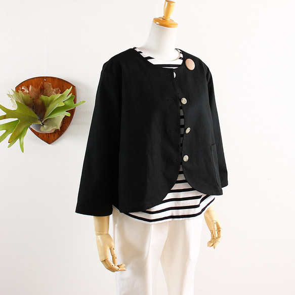 c_o_c_o_r_o ラウンドネック コットンリネンのジャケット（黒） ジャケット c_o_c_o_r_o 通販 15828700｜Creema(クリーマ)