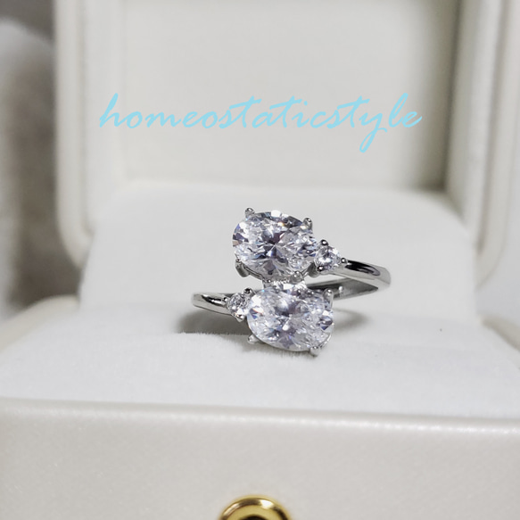 AAAグレード ダイヤモンドCZ ダブルストーンリング キラキラ フリーサイズ フォークリングSV925 指輪・リング ホメオスタティックスタイル 通販 15841720｜Creema(クリーマ)