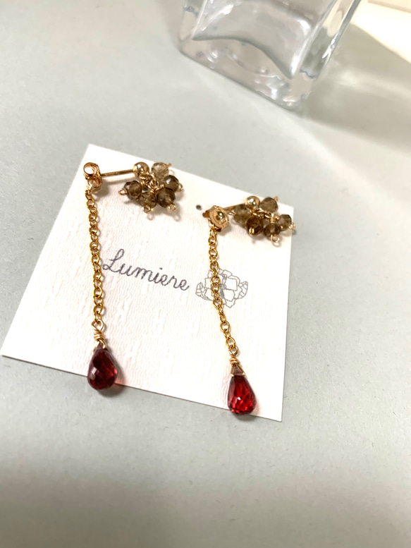 14KGF ガーネット.クリスタルレモンクオーツ×スモーキークオーツ ピアス（スタッド・一粒） Lumiere 通販｜Creema(クリーマ) 15863948