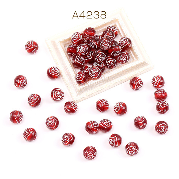 A4238 90個 アクリルビーズ アンティーク調アクリルビーズ 丸玉 フラワー柄ダークレッド 3X（30ヶ） ビーズ beads&parts ...