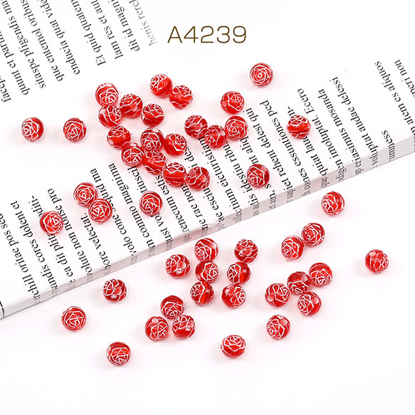 A4239 90個 アクリルビーズ アンティーク調アクリルビーズ 丸玉 フラワー柄 6mm レッド 3X（30ヶ） ビーズ beads ...