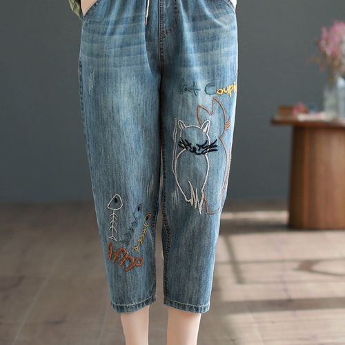 猫 刺繡 パンツ デニムパンツ デニム ジーンズ 大きいサイズ 猫 刺繡 パンツ デニムパンツ デニム ジーンズ 大きいサイズ