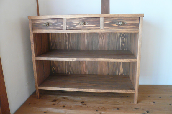 リリ様オーダー製作品 ちょっとレトロなオープンキャビネット【レンジ台・幅55㎝】引出し1杯付き オール無垢仕様 チェスト・キャビネット ムクの ...