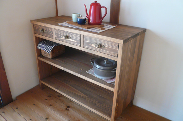 リリ様オーダー製作品 ちょっとレトロなオープンキャビネット【レンジ台・幅55㎝】引出し1杯付き オール無垢仕様 チェスト・キャビネット ムクの ...