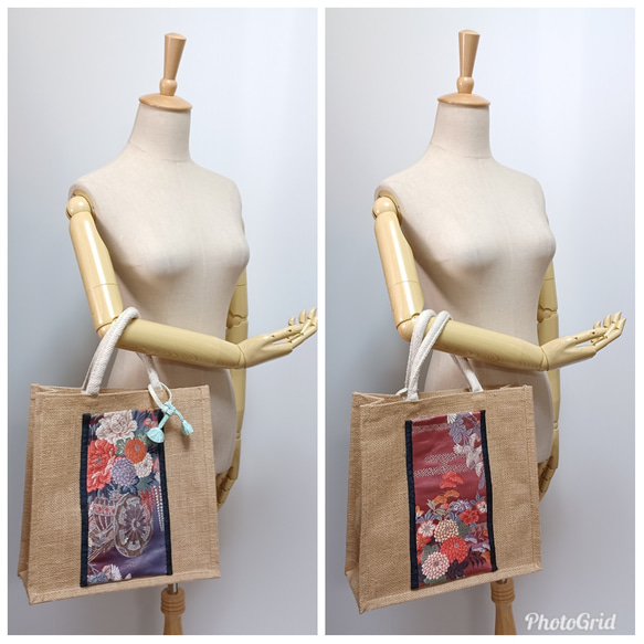着物リメイク ジュートバック 華やか帯 トートバッグ hanai 着物リメイク ジュートバック 華やか帯 トートバッグ hanai