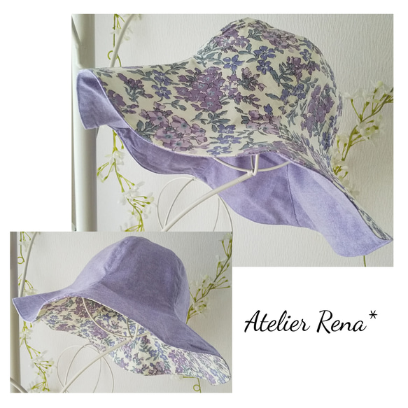 リバティプリントパープルとブルーの花柄とラベンダーコットンのリバーシブルチューリップハット ハット Atelier Rena* 通販 15932409｜Creema(クリーマ)
