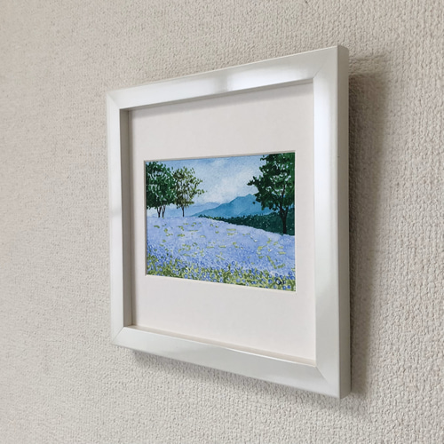ネモフィラの丘03」透明水彩画 原画 風景画 額縁付 ハガキ ネモフィラの丘03」透明水彩画 原画 風景画 額縁付 ハガキ