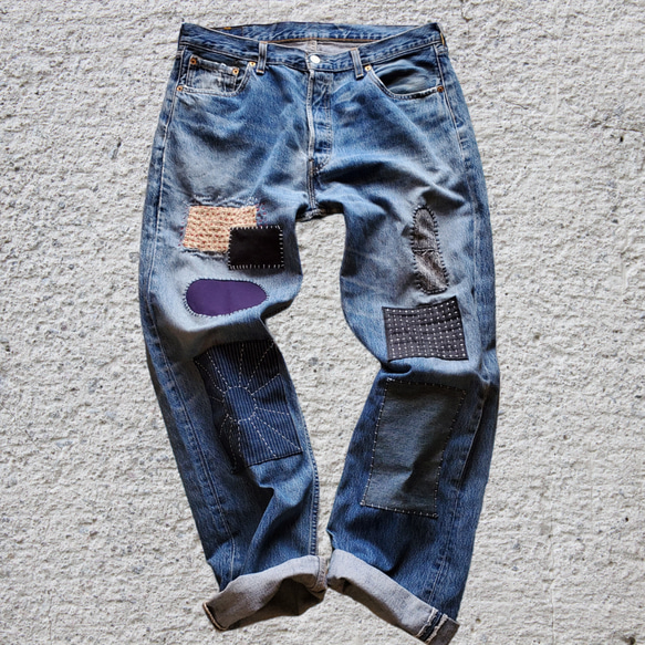 刺し子 パッチワーク Levi's501 W36 リメイク デニムパンツ 刺し子 パッチワーク Levi's501 W36 リメイク デニムパンツ