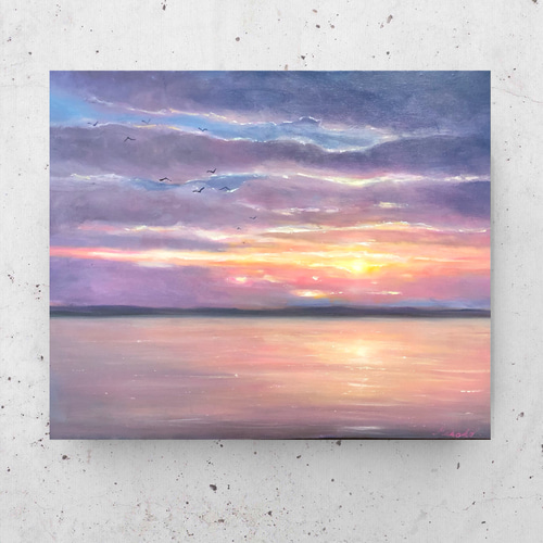 油絵 原画 オリジナル「 夕焼けの海と鴎達 」 送料無料 絵画 油絵 原画 オリジナル「 夕焼けの海と鴎達 」 送料無料 絵画