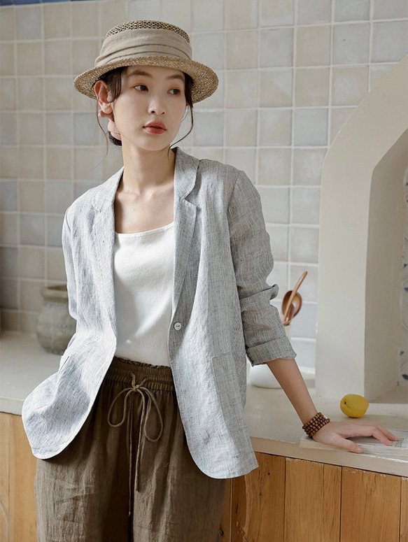 新色【先染めリネン100%】薄軽いジャケット チェック柄【春夏秋】ライトグレー ジャケット ねまき屋 通販 16054893｜Creema(クリーマ)