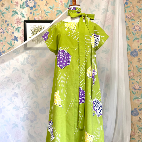 古布藍染リメイク✿Vラインワンピース✿ハンドメイド✿大人 古布藍染リメイク✿Vラインワンピース✿ハンドメイド✿大人