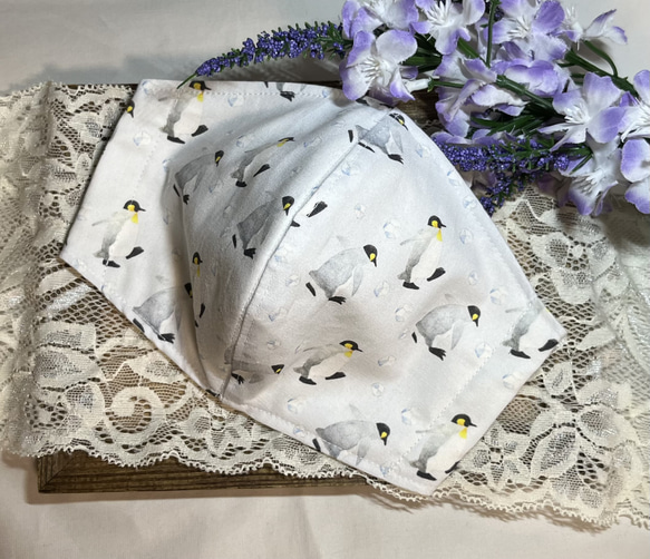 【涼夏 】ペンギン×ICE0〜白系(柄物⑧-48) LLサイズ〜幼児用(2歳くらい)選択可 綿100％ 布マスク mo-3工房(もーさん工房 ...