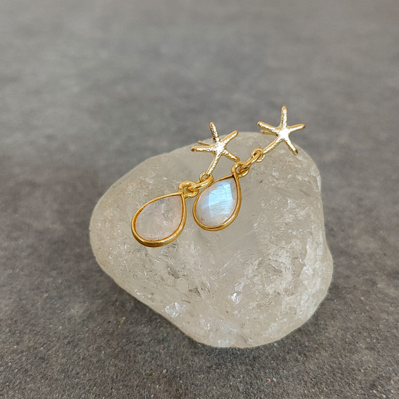 14kgf Star fish Rainbow Moonstone pierced earrings 星 ピアス（スタッド・一粒） marinaJEWELRY 通販 16377318 ...